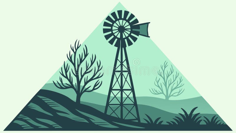 Windmill in a Geometric Triangle Frame, Green Nature Scene, Vector ...