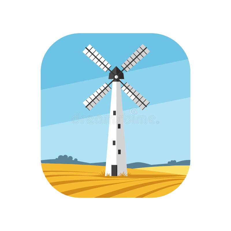 Windmill in Golden Fields with Flat Design Style Vector Art Stock ...