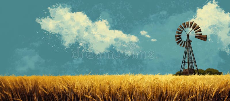 Golden Wheat Field Windmill Under Sunny Sky Stock Photos - Free ...