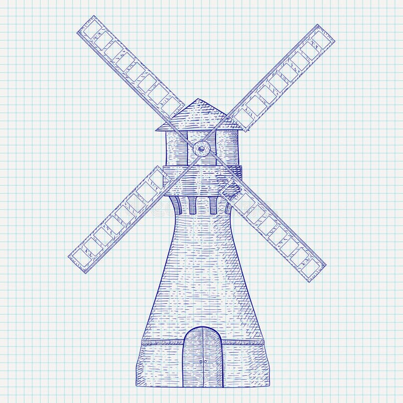 Windmill, hand draw stock illustration. Illustration of trees - 4986849