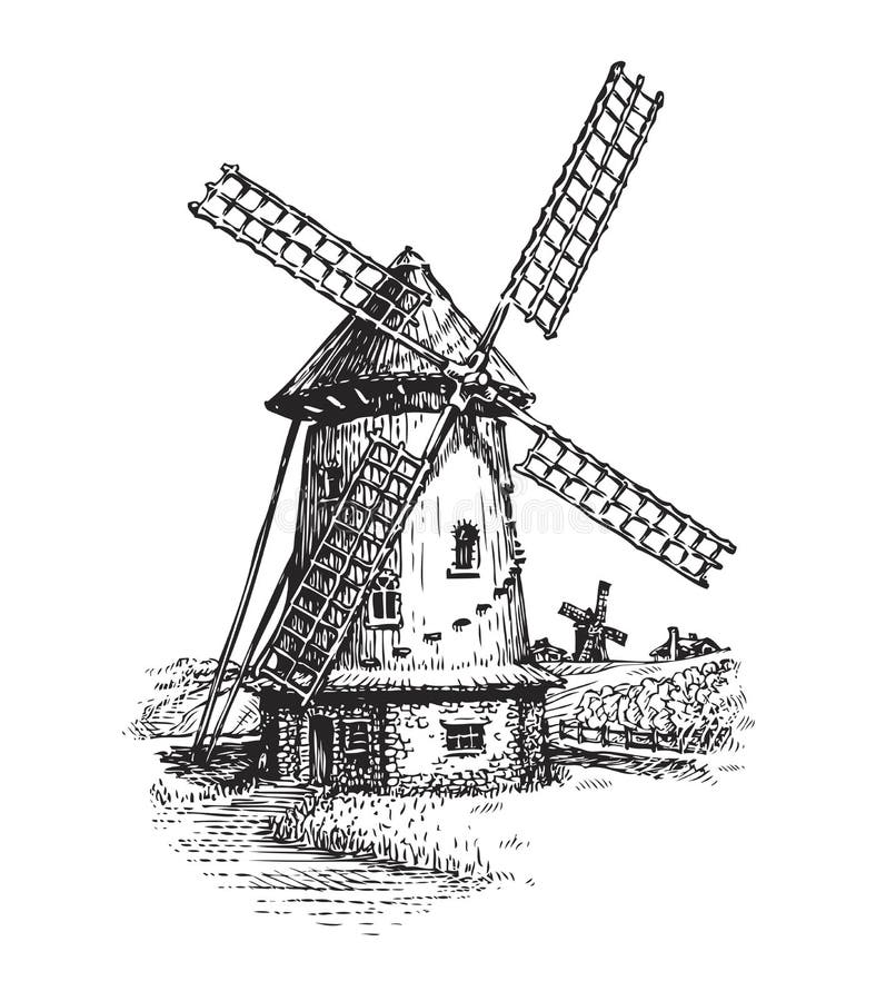 Windmill. Hand Drawn Vintage Sketch Vector Illustration Stock Vector ...