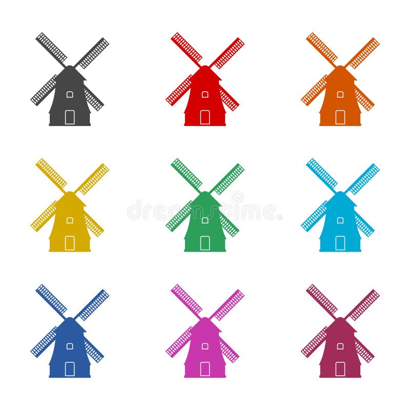Windmill Icon, Vector Black Silhouette, Color Icons Set Stock Vector ...