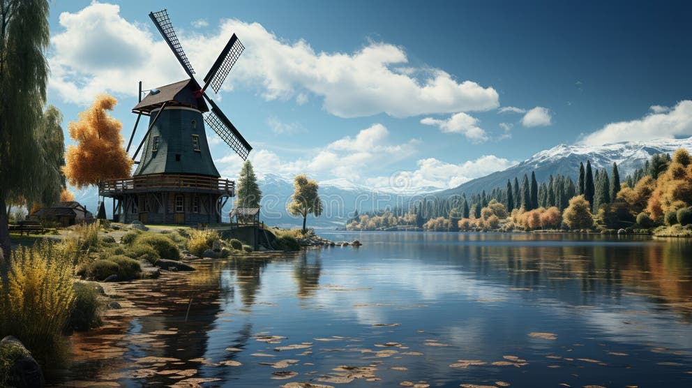 Windmill on Lake. Generative AI. Stock Illustration - Illustration of countryside, architecture ...