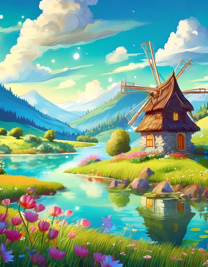 Windmill by the lake stock illustration. Illustration of cartoon - 315473137