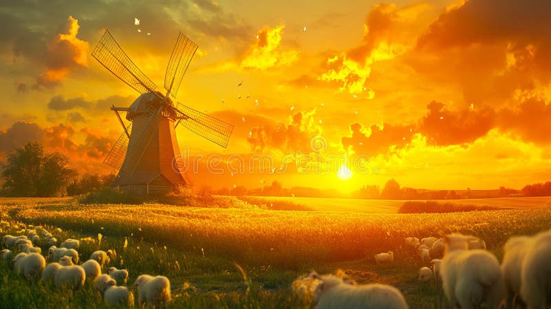 A Windmill in the Middle of a Field of Sheep at Sunset Stock Photo ...