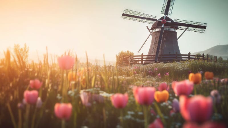 A Windmill in the Middle of a Field of Tulips Stock Illustration ...