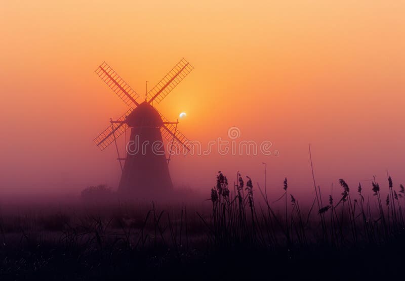 Windmill in the Mist at Sunrise. a Yellow Windmill Rises from a Misty ...