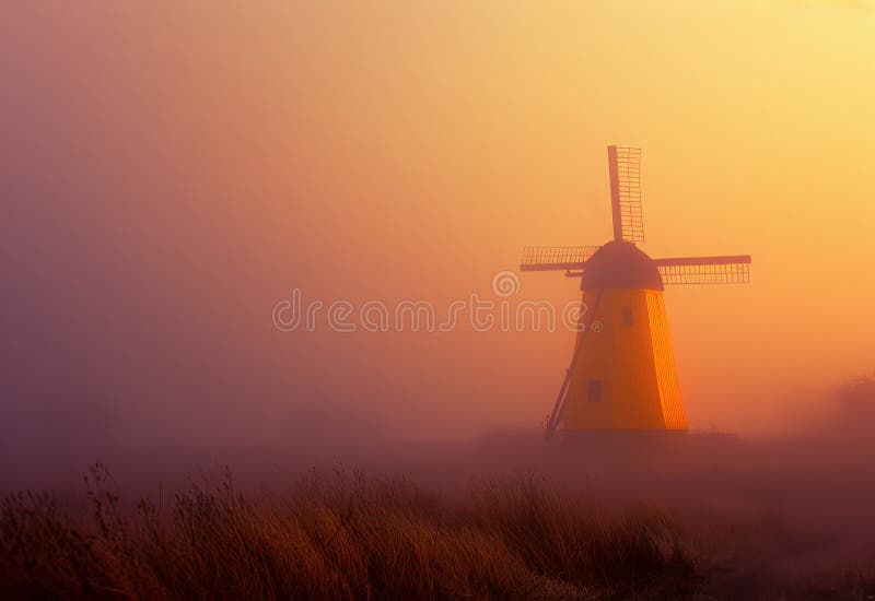 Windmill in the Mist. a Yellow Windmill Rises from a Misty Field Stock ...