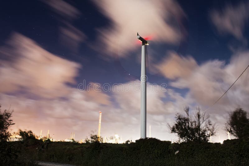 Windmill at Night and Cloudy Sky Stock Image - Image of industries ...