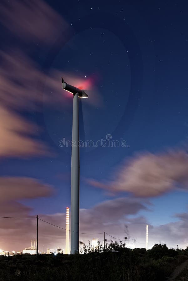 Windmill at Night and Cloudy Sky Stock Photo - Image of industry ...
