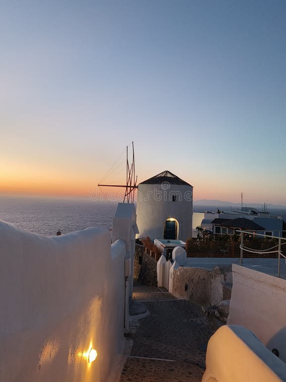 Windmill in Oia in Santorini at Sunset Stock Image - Image of ocean ...
