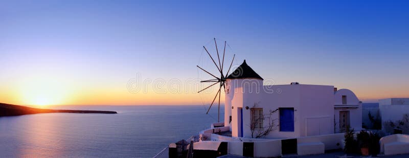 Windmill in Oia, Santorini, at Sunset Stock Photo - Image of santorini ...