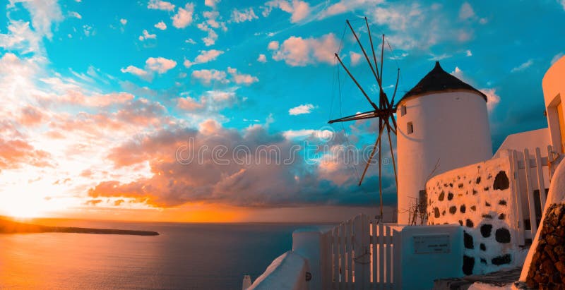 Windmill in Oia Village on Santorini Island during Sunset Stock Image ...