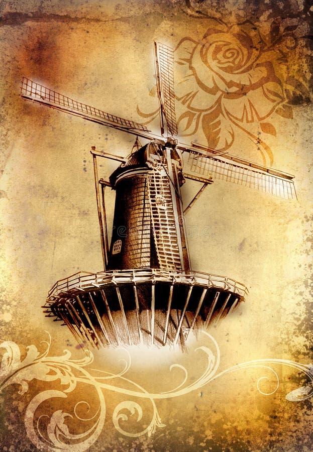 Windmill Old Retro Vintage Drawing Stock Illustration - Illustration of ...