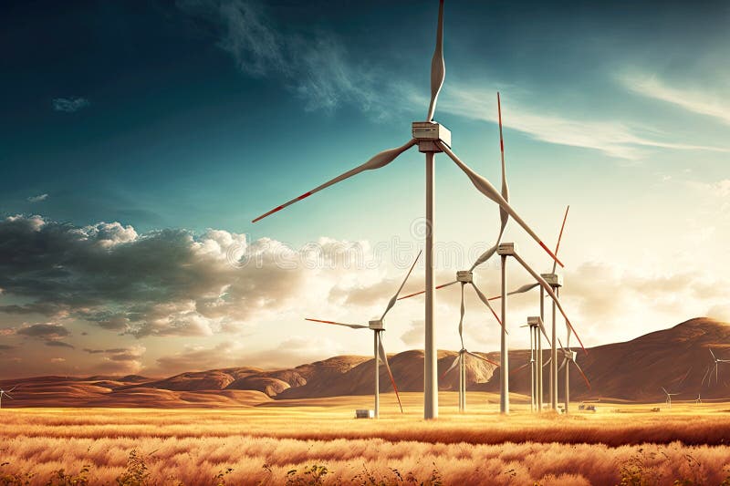 Windmill Power in Field Against Sky Renewable Source of Electricity ...