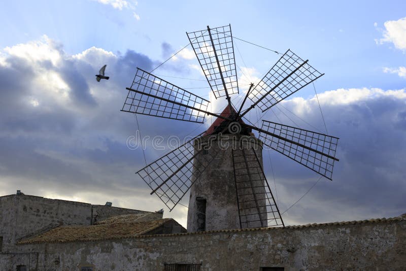 Windmill of Saline of Trapani Stock Image - Image of italian, water ...