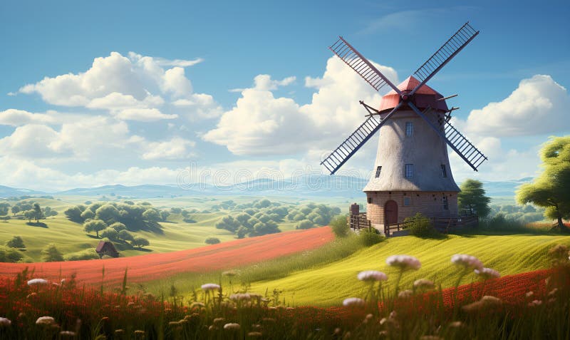 Windmill Scenery in a Beautiful Flower Field, Generative Ai Stock Photo ...