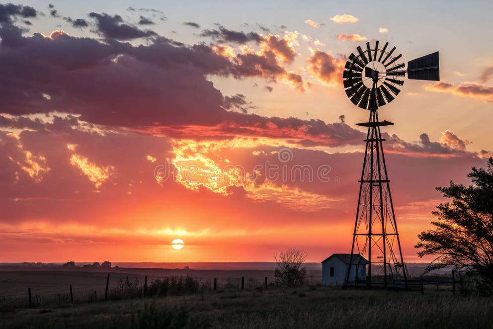 Windmill Silhouette at Sunset with Clouds and the Sun - Generated by Ai Stock Illustration ...