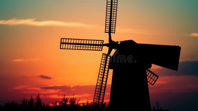Windmill Silhouette at Sunset Ai Generated Stock Illustration - Illustration of structure ...