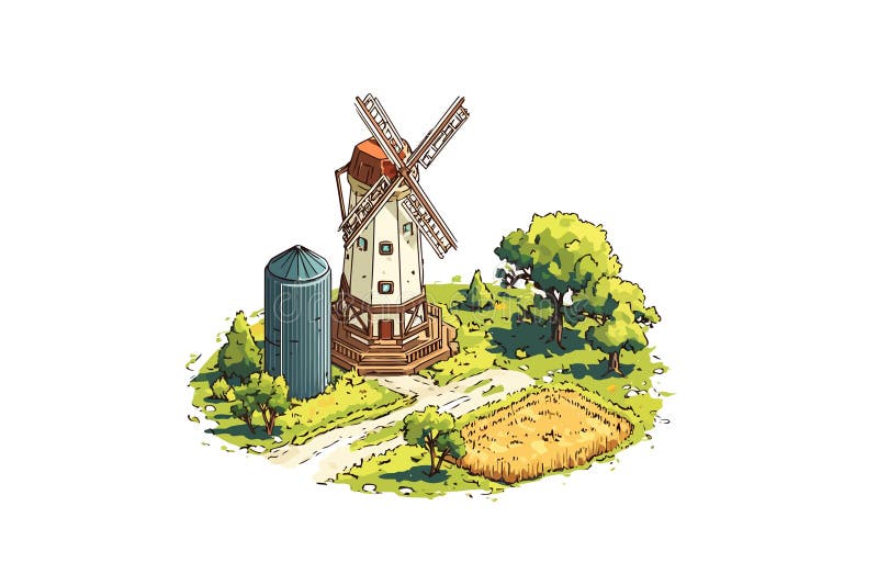 Windmill and Silo in Rural Farm Scene Isometric Isolated Stock Vector ...