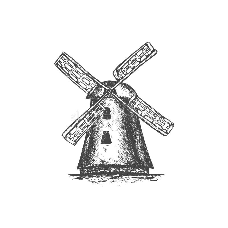 Windmill Sketch. Hand Drawn Vintage Sketch Isolated on White Background ... Windmill Sketch. Hand Drawn Vintage Sketch Isolated on White Background ...