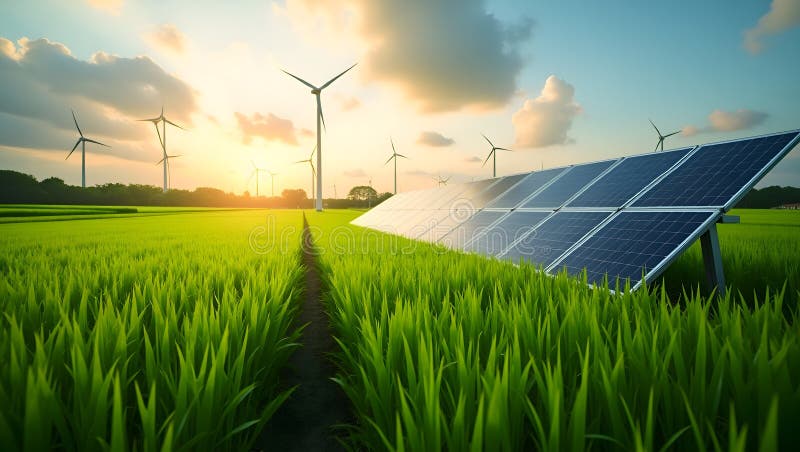 Windmill and Solar Hybrid System. Stock Image - Image of green, cloud ...