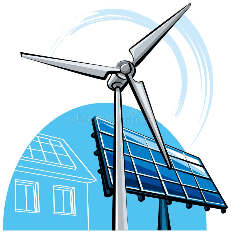 Windmill and solar panel stock illustration. Illustration of support ...