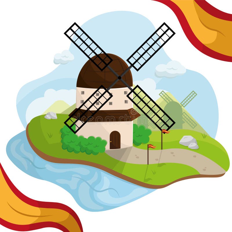 Windmill in Spanish Countryside. Vector Stock Vector - Illustration of farm, story: 379768117