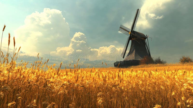 Windmill Stands Tall in Golden Wheat Field Stock Illustration ...