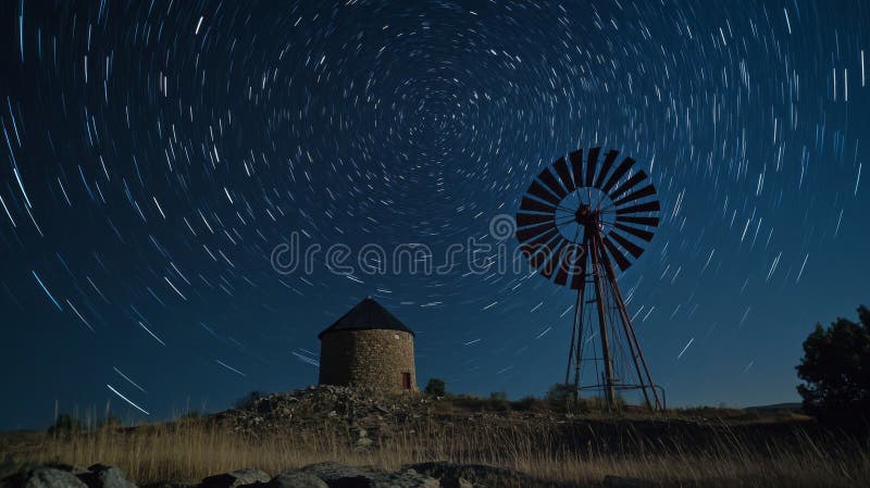 A Windmill and Stone Mill Under a Night Sky with Star Trails Stock ...