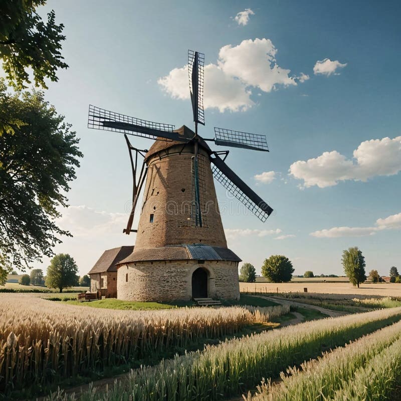 Traditional Windmill or Wind Engine in Cornfield and Rice Field, Brick ...