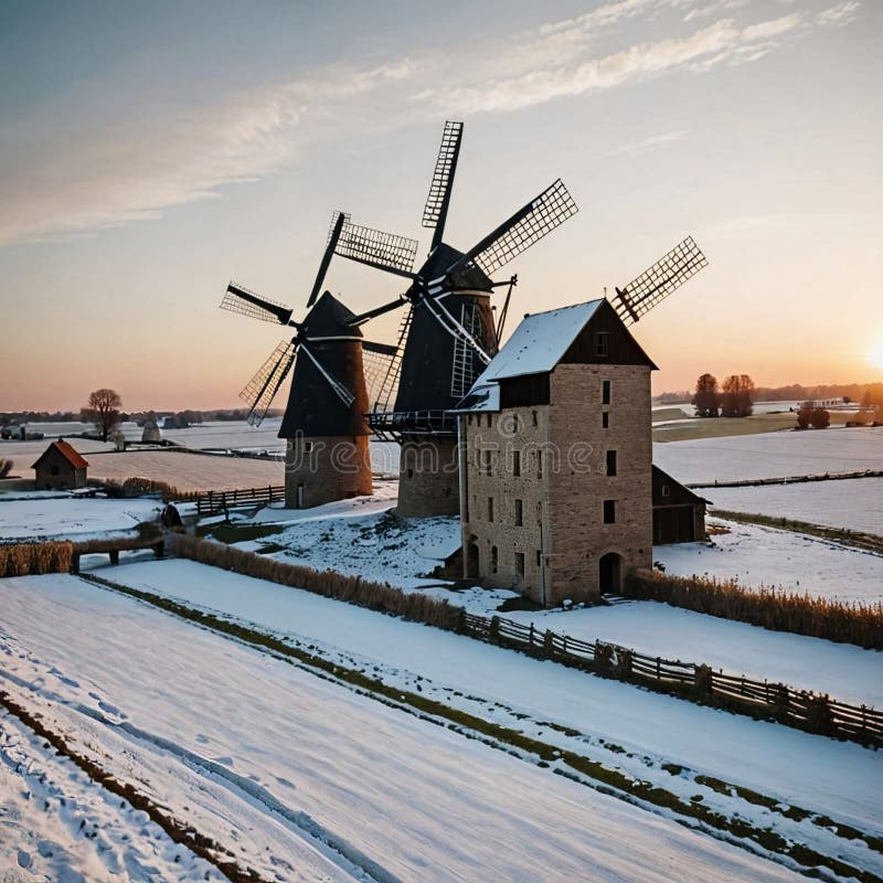 Traditional Windmill or Wind Engine in Cornfield and Rice Field, Brick ...