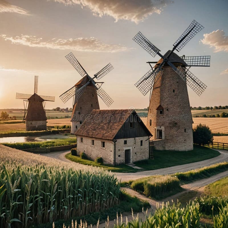Traditional Windmill or Wind Engine in Cornfield and Rice Field, Brick ...