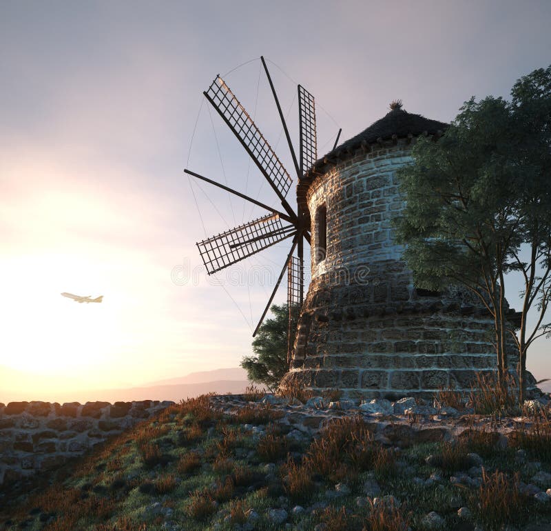 Windmill on Sunset Background and Plane Travel Technology Concept Stock ...