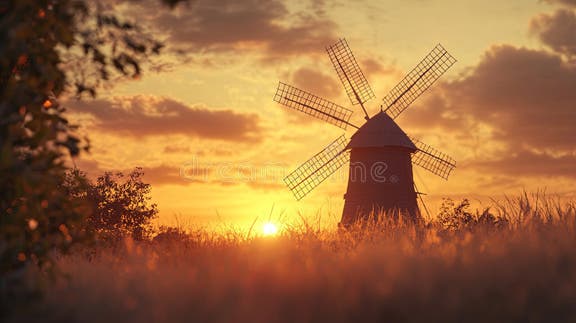 Windmill in Sunset, Realistic, Cinematic Light, Sharp Focus. Stock ...