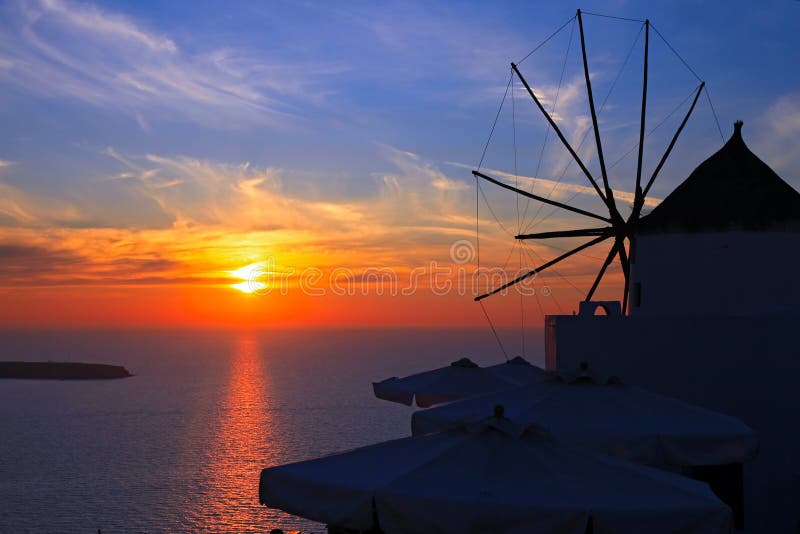 Traditional Greek Village, Oia, Santorini, Sunset with Winmill Stock ...