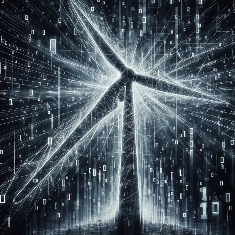 Windmill Stands in Digital World with Binary Code., Generative Ai Stock ...