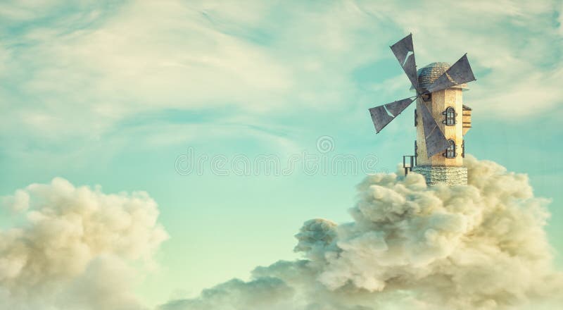 Windmill on Top of a Cloud in the Sky Stock Illustration - Illustration ...