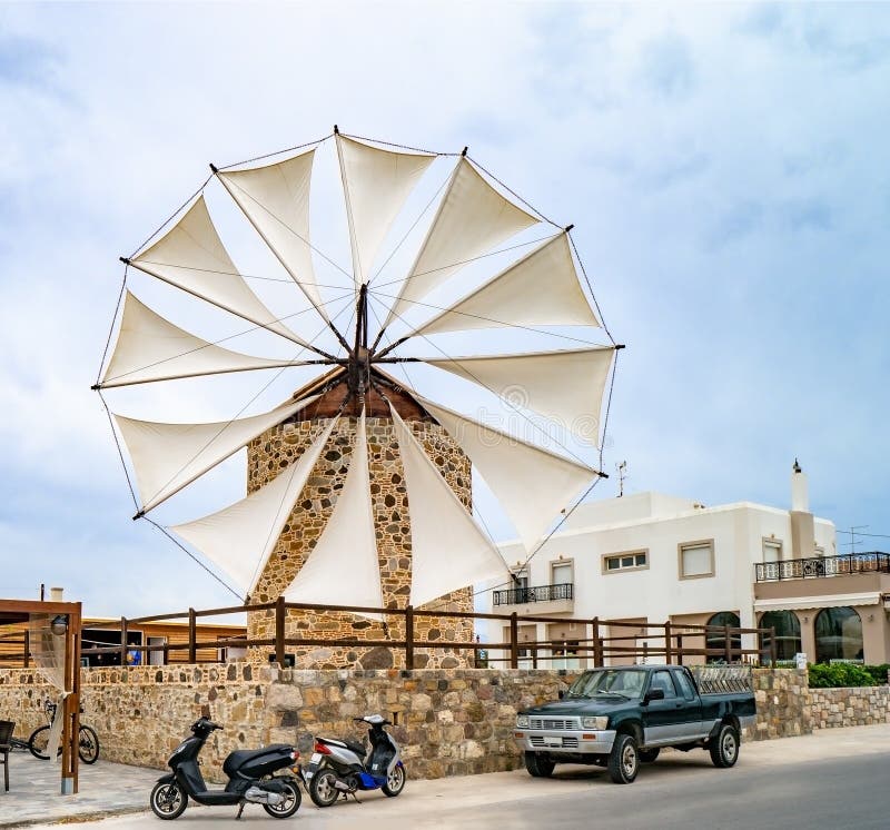 Windmill Tower with White Cloth Wings Stock Photo - Image of greek ...