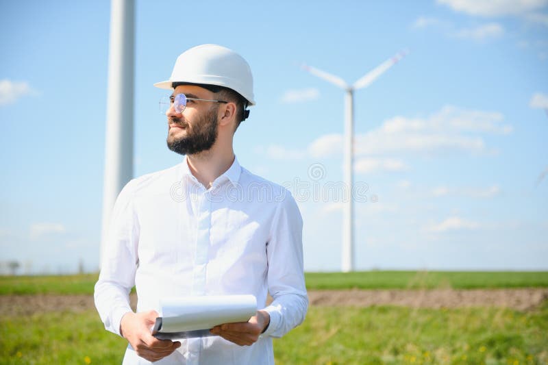 Windmill Turbine Maintenance Engineer Standing at Wind Farm. Stock ...