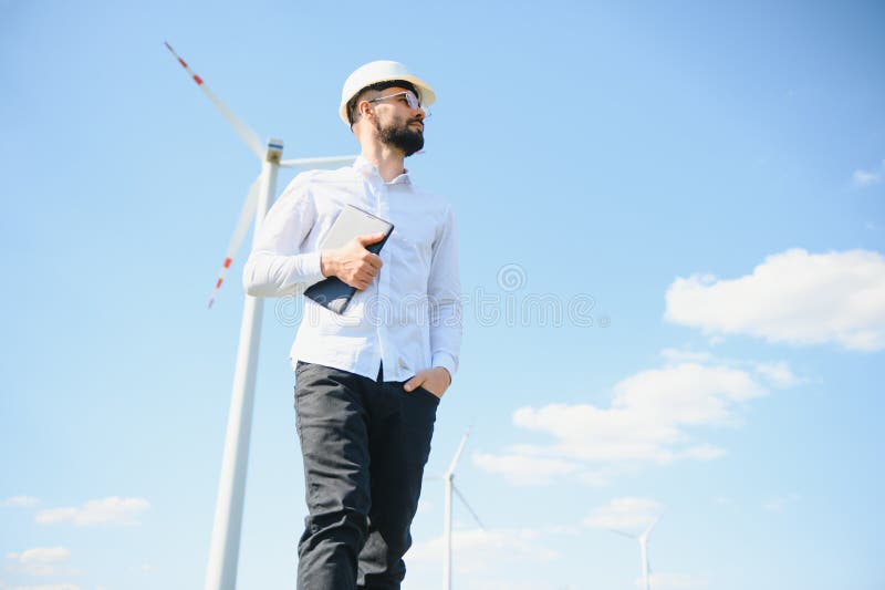 Windmill Turbine Maintenance Engineer Standing at Wind Farm. Stock ...