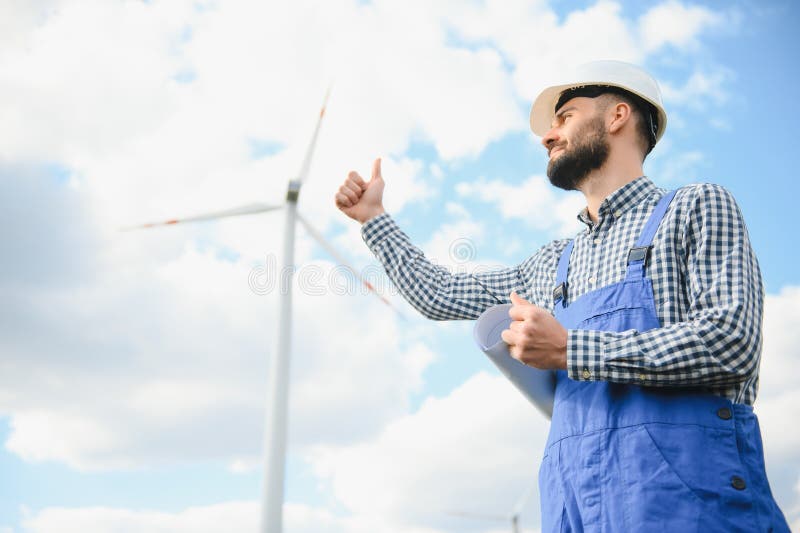 Windmill Turbine Maintenance Engineer Standing at Wind Farm. Stock ...