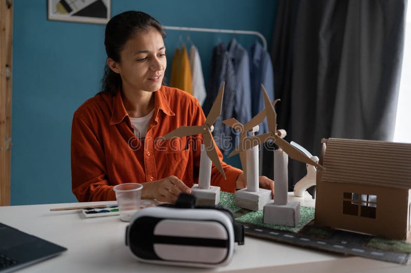 Windmill Turbines. Female Clever Eco Engineer Working at Her Project ...