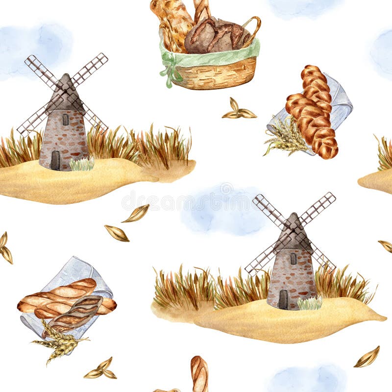 Windmill with Various Kind Bread in Watercolor Seamless Pattern ...
