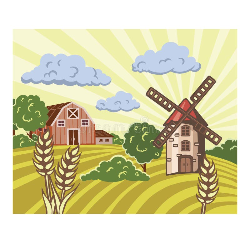 Windmill on a Wheat Field. Cartoon Vector Illustration. Stock Vector ...