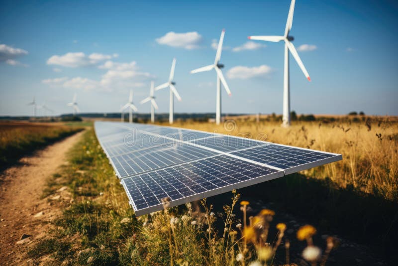 Windmill Wind Turbine and Solar Cell Panel on Blue Sky. Renewable ...