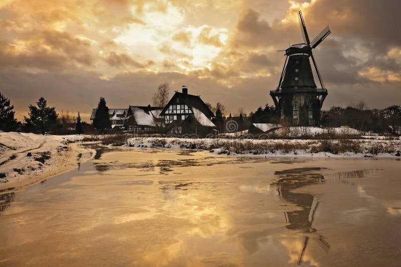 Windmill in Winter Landscape Stock Image - Image of horizontal, built ...