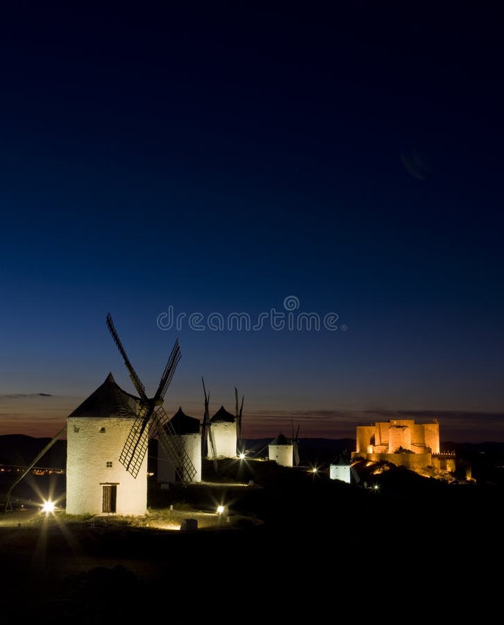 Windmills at Night, Consuegra, Castile-La Mancha, Spain Stock Image ...