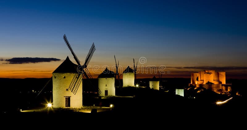 Windmills with Castle at Night, Consuegra, Castile-La Mancha, Sp Stock ...