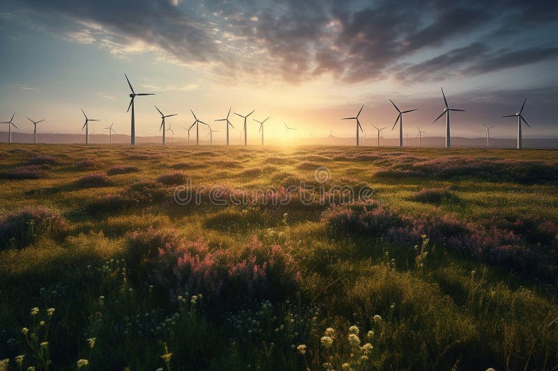 Windmills Farm in Beautiful Nature Landscape. Ecological Battery ...